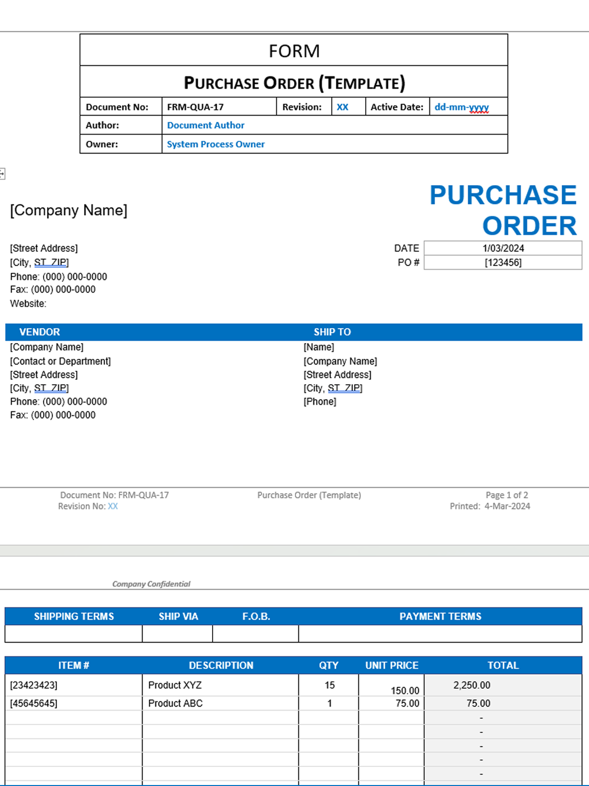 Quality - Form - Purchase Order (Template) | DevDx